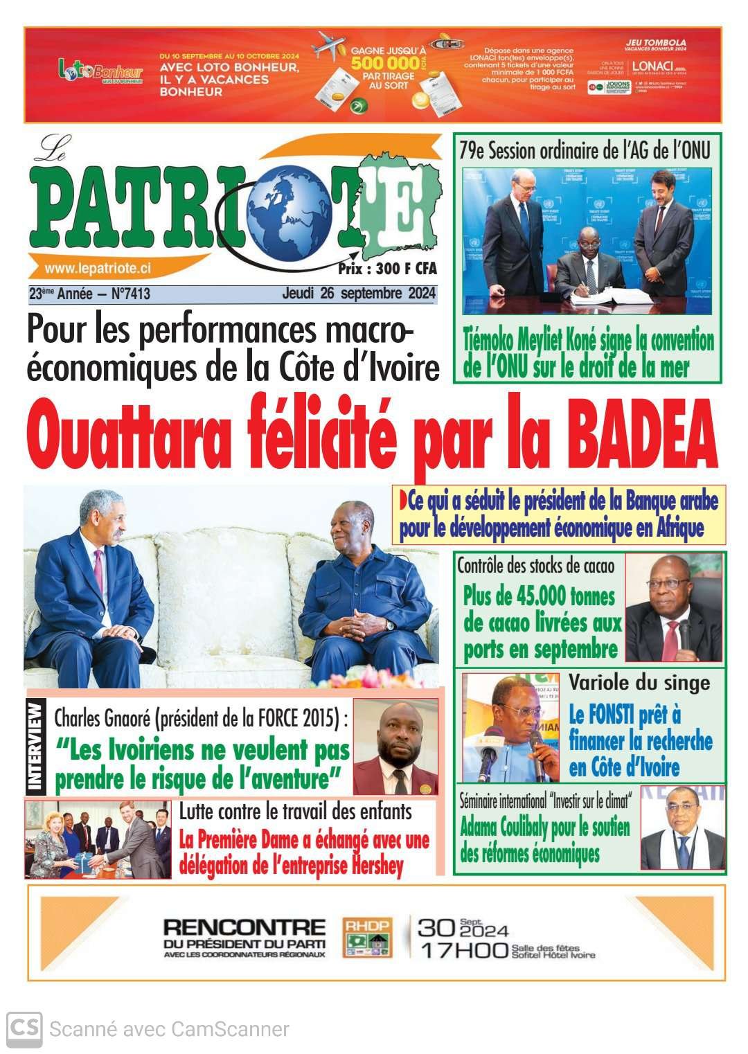 Le Patriote n°7413 du Jeudi 26 Septembre 2024 : Ouattara félicité par ...